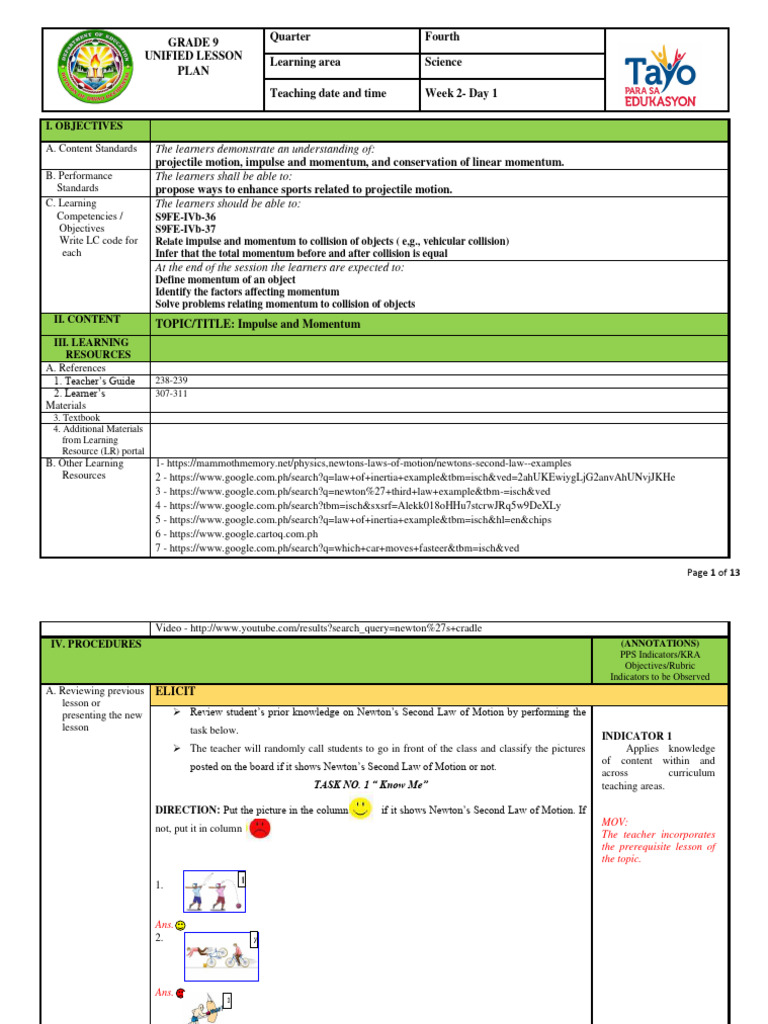 Grade 9 4th Quarter Week 2 Day 1 | PDF | Momentum | Mass