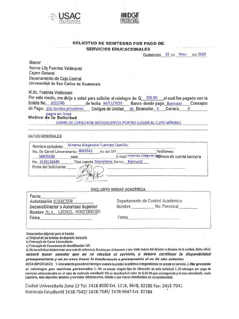 Formulario Lleno de Reintreg Curso 4 Adolecentes | PDF