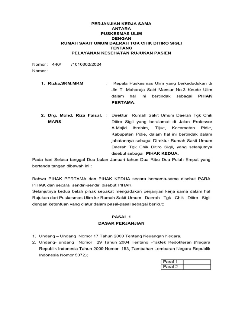 PERJANJIAN KERJA SAMA RS Chik Ditiro | PDF | Ilmu Sosial | Hukum