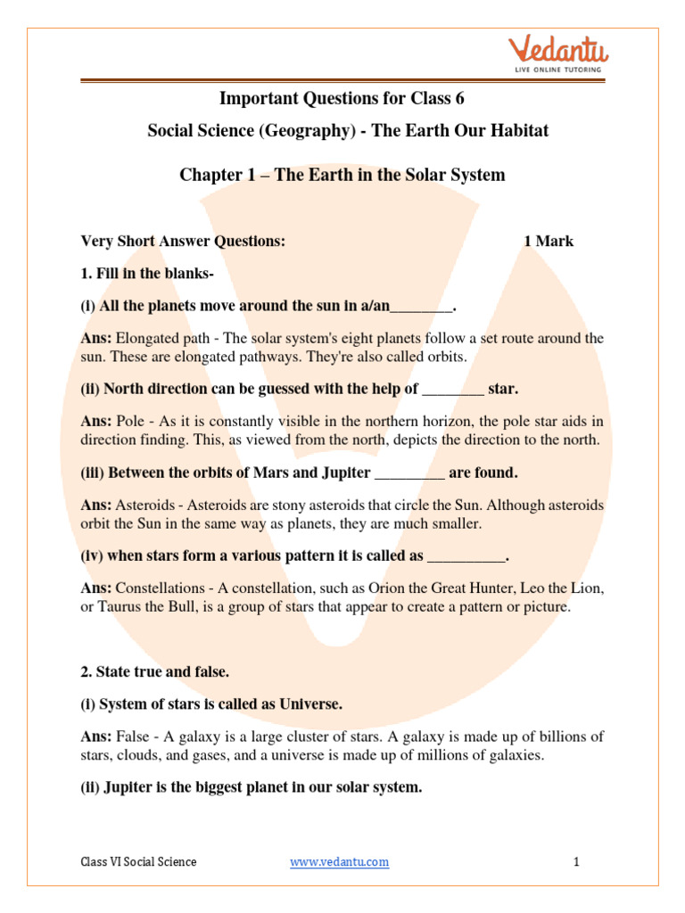 Important Questions On Class 6 Social Science Chapter 1 The Earth in ...