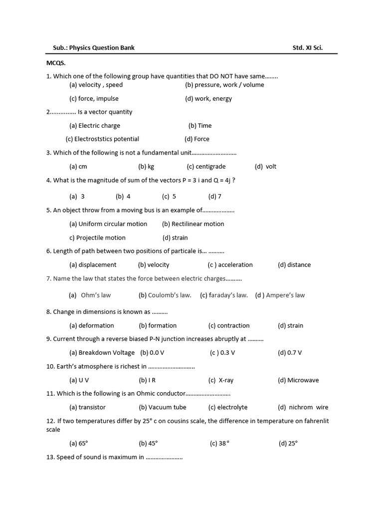 Class 11th Physics Important Questions | PDF | Force | Acceleration
