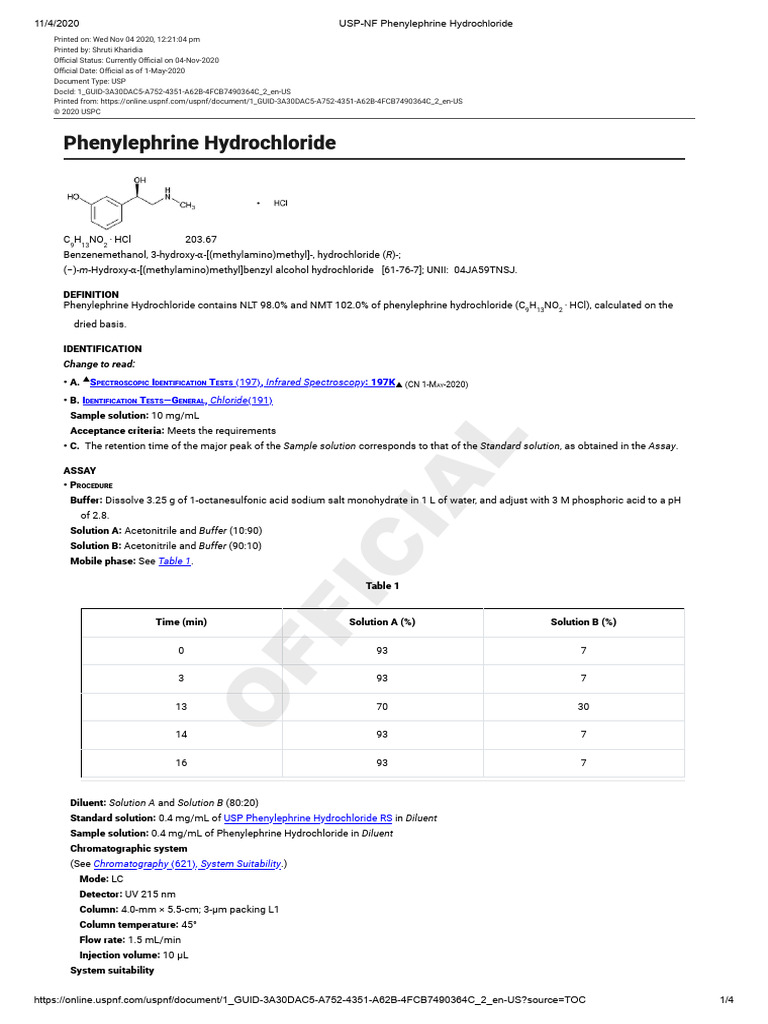 Phenylephrine Hydrochloride Specs | PDF | Chromatography | Chemistry