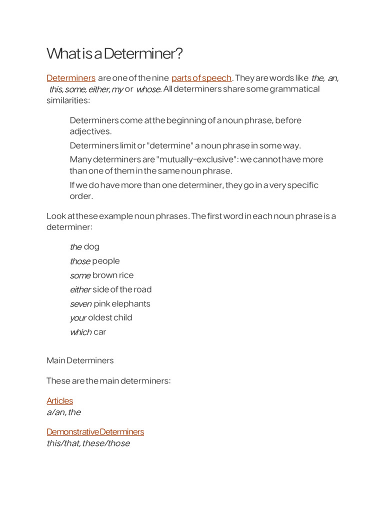 Determiners | PDF | Noun | Grammatical Number