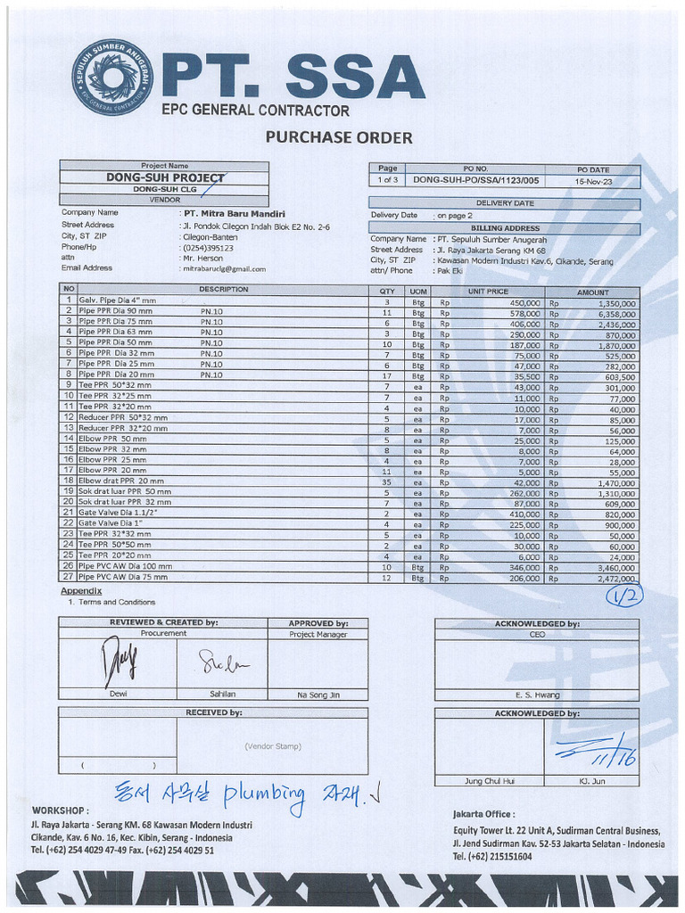 PT Mitra Baru Mandiri ~ PO 1123-005; Dongsuh - Pipa PPR , Pipa PVC | PDF