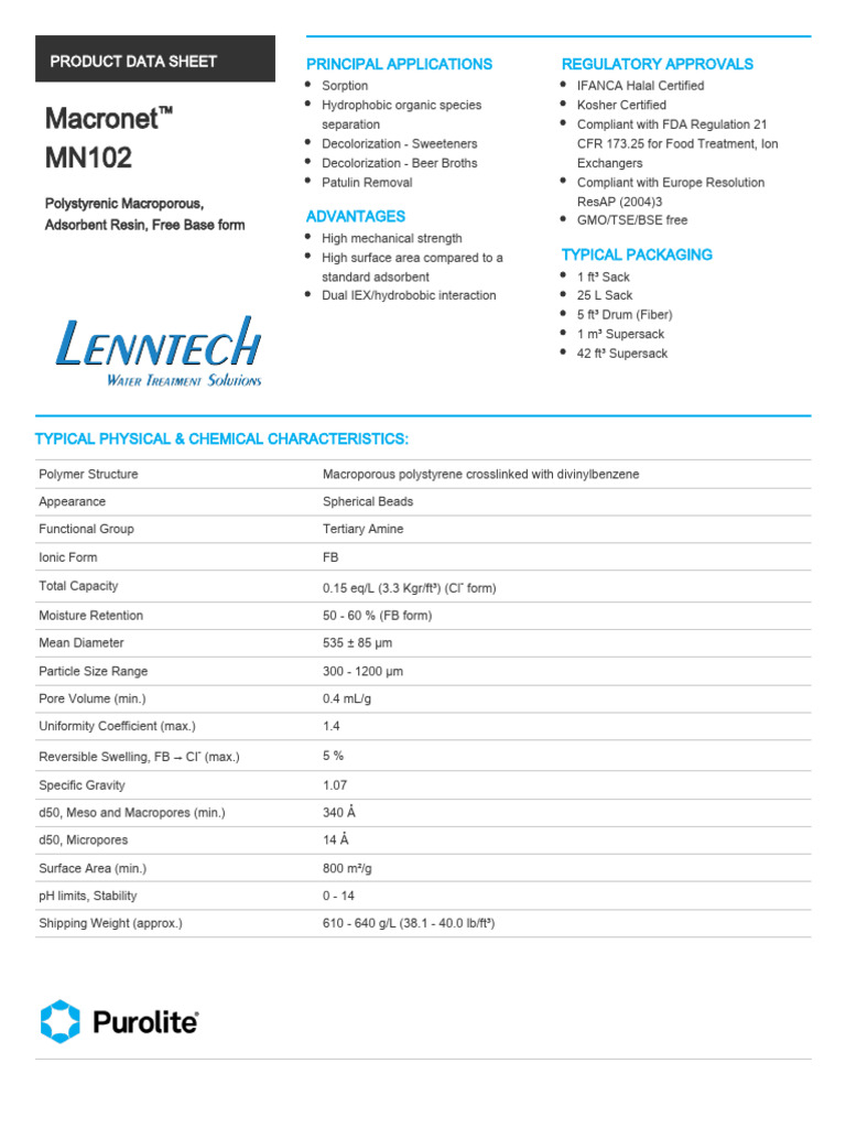 Purolite MN102 L | PDF | Adsorption | Chemistry