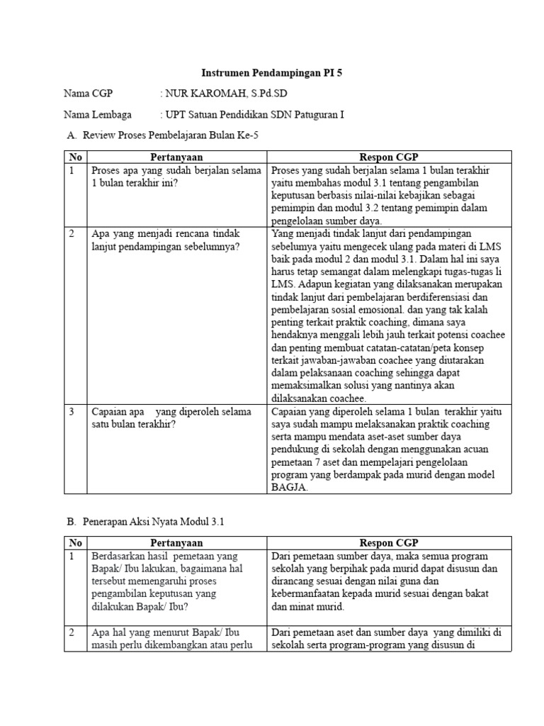 Instrumen Pendampingan PI 5 - Nur Karomah | PDF