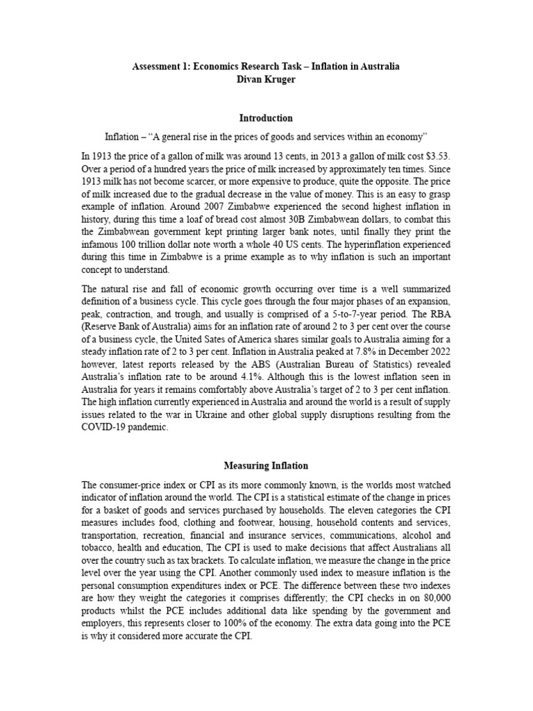 Assessment 1 Economic Research Task - Inflation in Australia | PDF