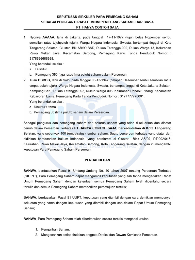 Contoh Keputusan Pemegang Saham Sirkuler Atau Di Luar Rups | PDF