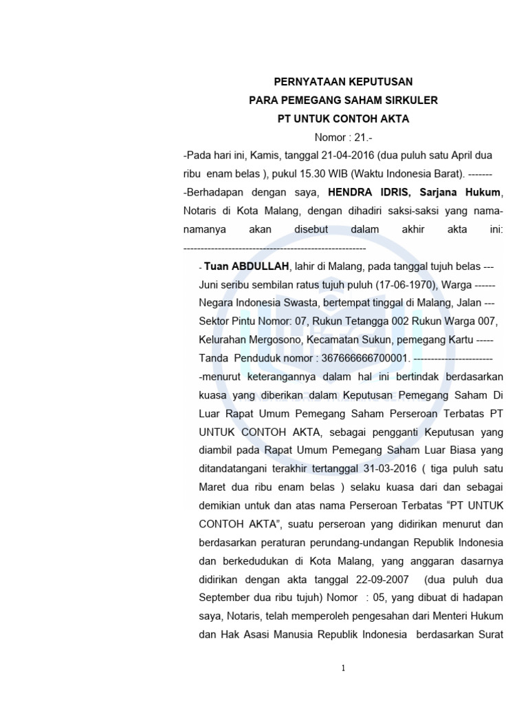 CONTOH AKTA PERNYATAAN KEPUTUSAN PEEMEGANG SAHAM PT | PDF CONTOH AKTA PERNYATAAN KEPUTUSAN PEEMEGANG SAHAM PT | PDF