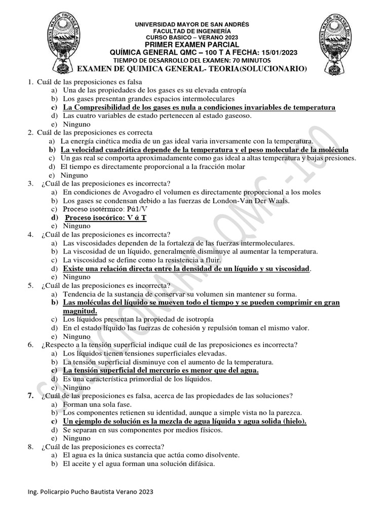 Solucionario QMC-100 Verano 2023 | PDF | Gases | Líquidos