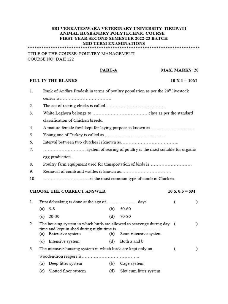 DAH 122 PART A Question Paper | PDF | Chicken | Zoology