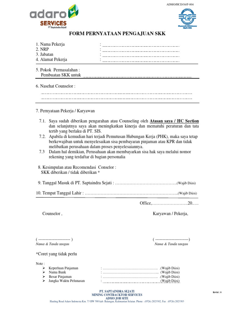 Microsoft Word - Form Pernyataan Pengajuan SKK (Surat Keterangan Kerja) update | PDF