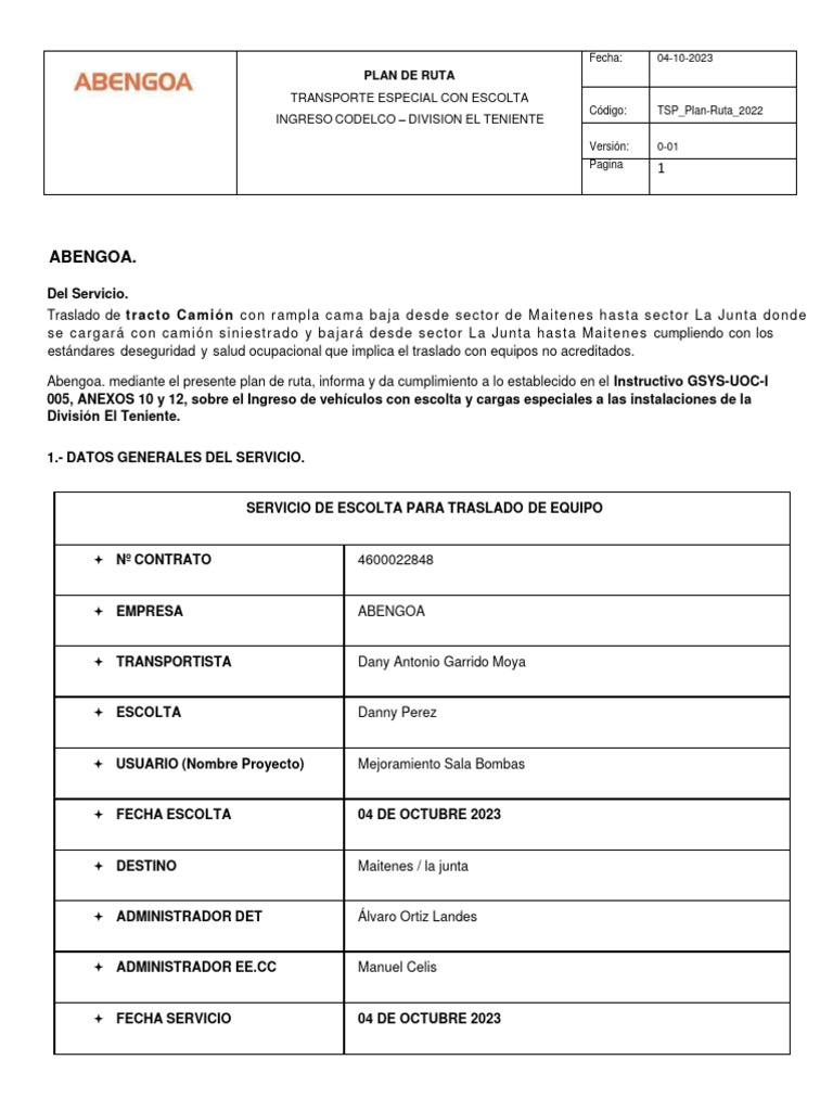 Plan de Ruta ABENGOA Tracto Camion Con Rampla | PDF | Transporte | La ...