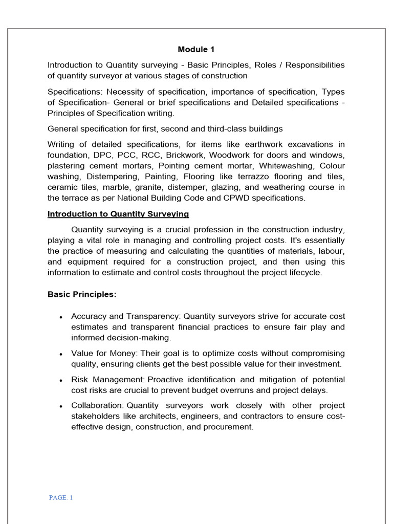 S6 Module 1-SPECIFICATIONS, COST ESTIMATION AND BUDGETING -B Arch -KTU | PDF