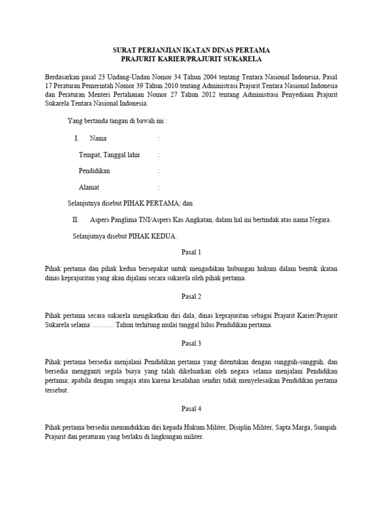 Surat Perjanjian Ikatan Dinas Pertama Docx Pasal Pasal Pdf