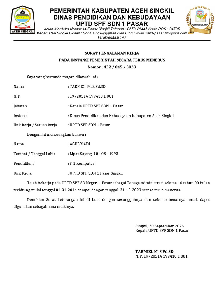 Surat Pengalaman Kerja, Unit Kerja | PDF