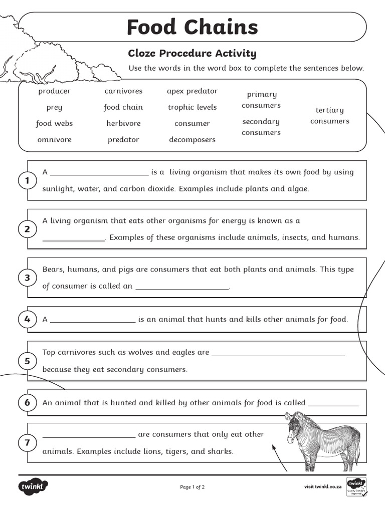 Food Chains Cloze Activity for Grades 3-6 | PDF | Predation | Foods