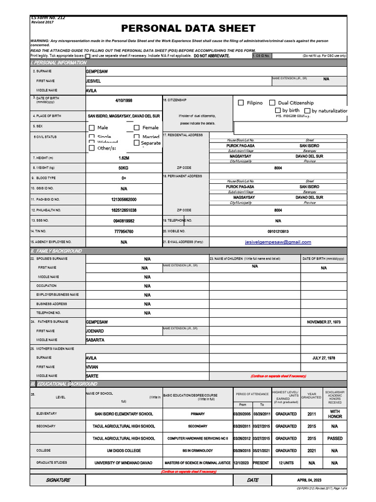 PDS - Filled Out | PDF | Justice | Crime & Violence