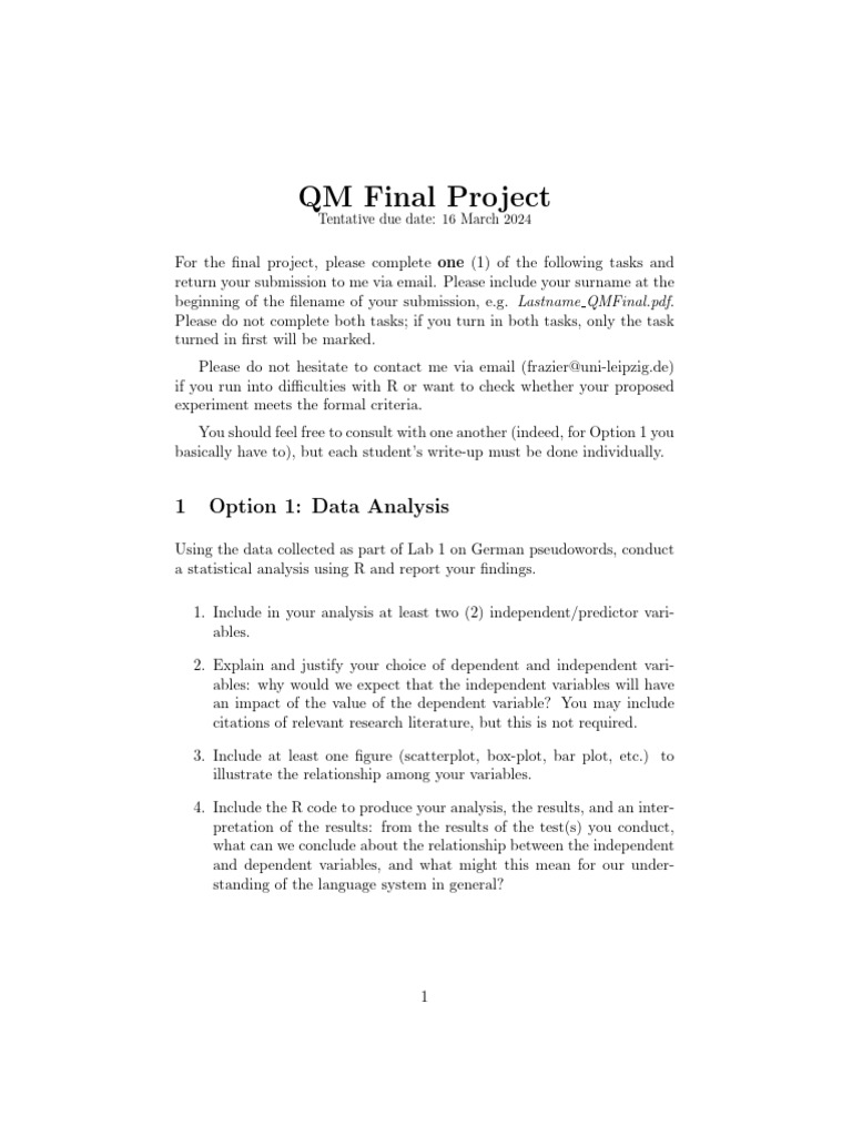 QM Final Project: Data Analysis or Proposal | PDF | Hypothesis | Experiment