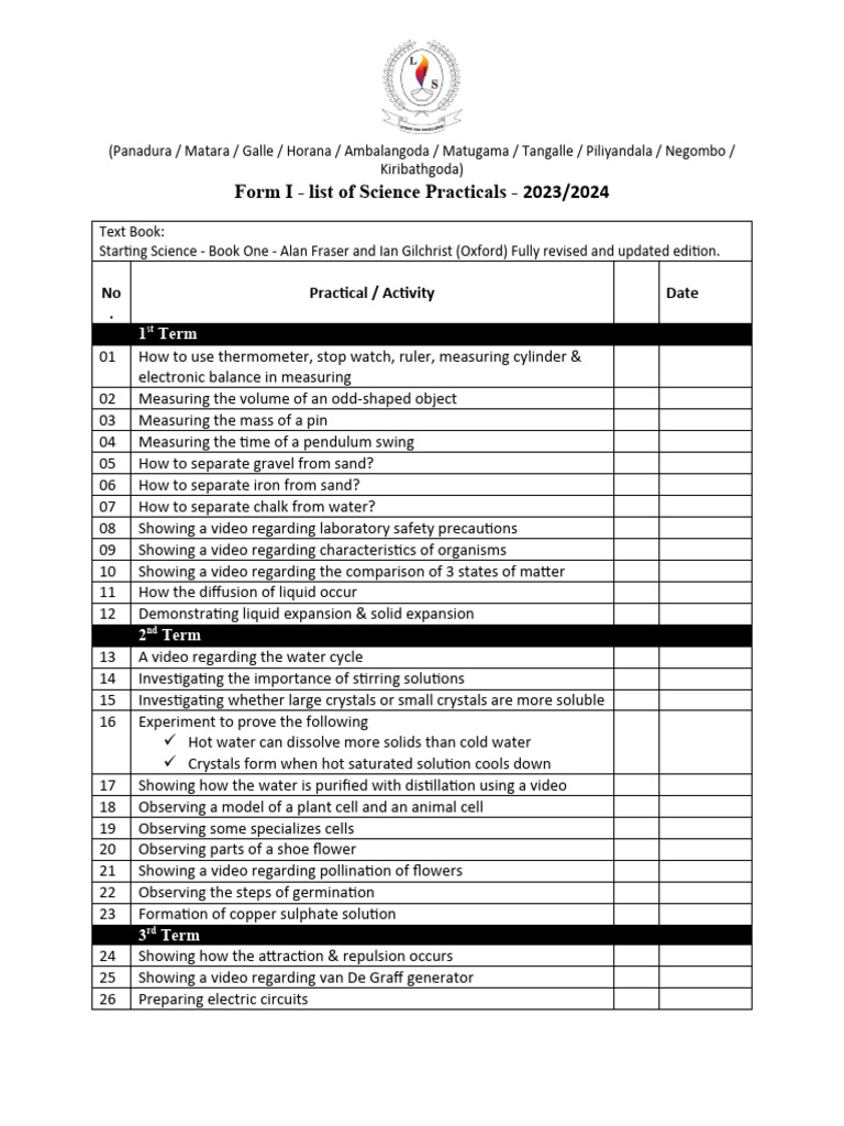 Form 1 list of Science Practicals | PDF