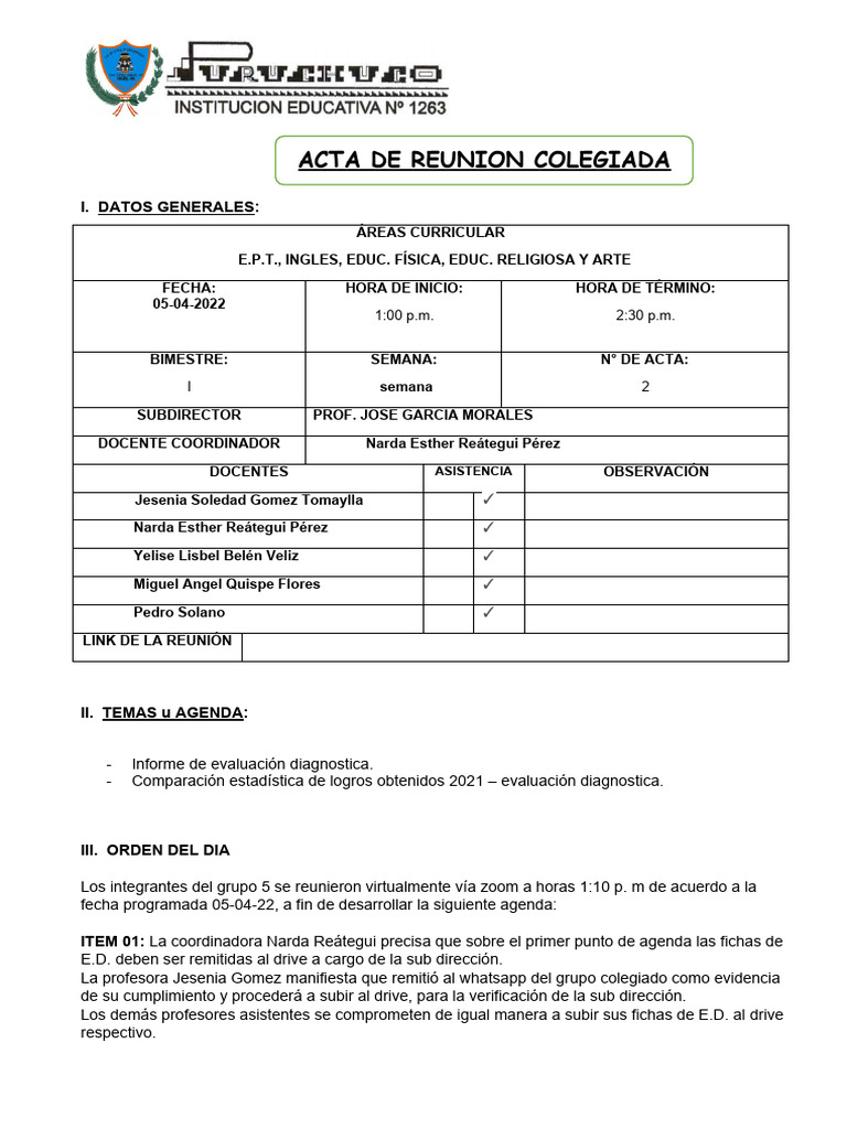 Acta de Las Reuniones de Colegiado 2022 Acta 2 | PDF | Evaluación | Aprendizaje