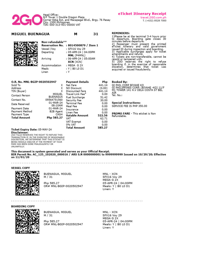 MIGEUL BUENAGUA 2GO Travel Itinerary Receipt | PDF | Legal Liability ...