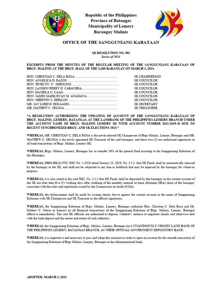 MALINIS Reso 1 Updating 2024 Bank | PDF | Transaction Account | Banks