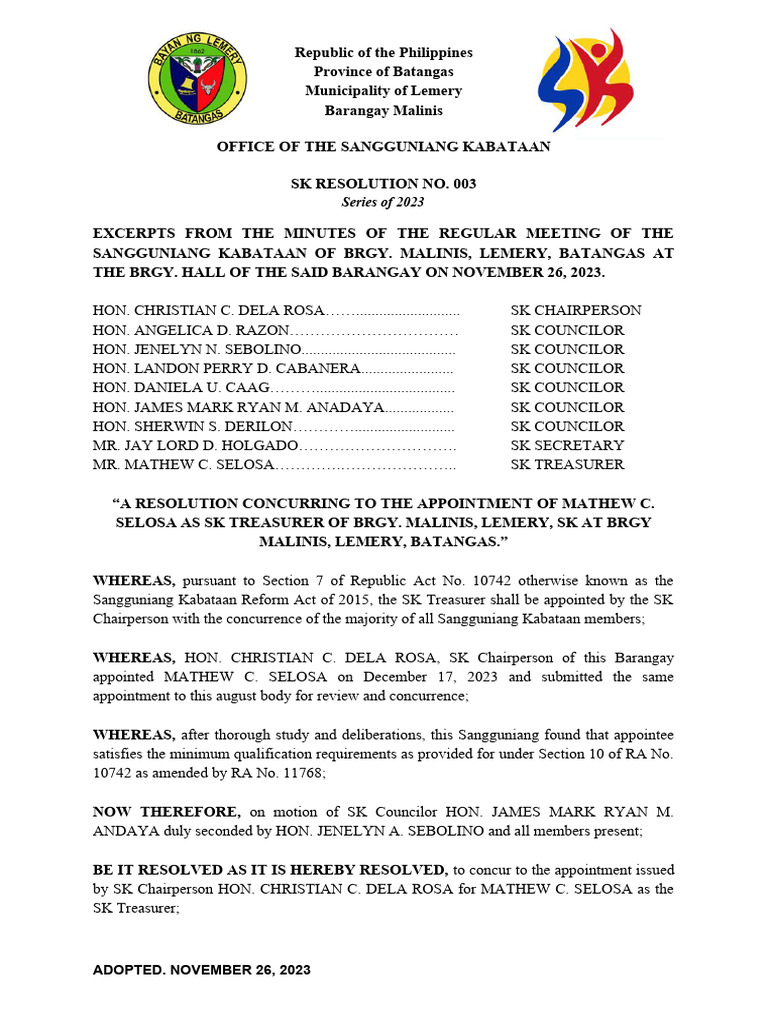 SK Resolution: Appointment of Treasurer | PDF | Government