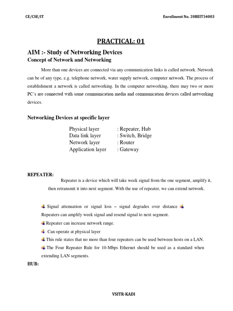 Practical: 01: AIM:-Study of Networking Devices | PDF