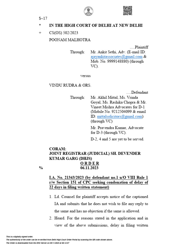 Delhi High Court - Poonam v. Vindu - Order Dated 06.11.2023 | PDF | Affidavit | Lawsuit
