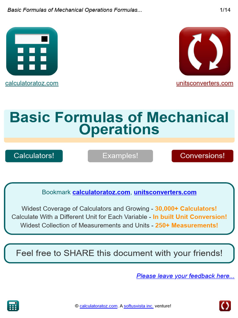 Basic Formulas of Mechanical Operations - en | PDF | Pressure | Density