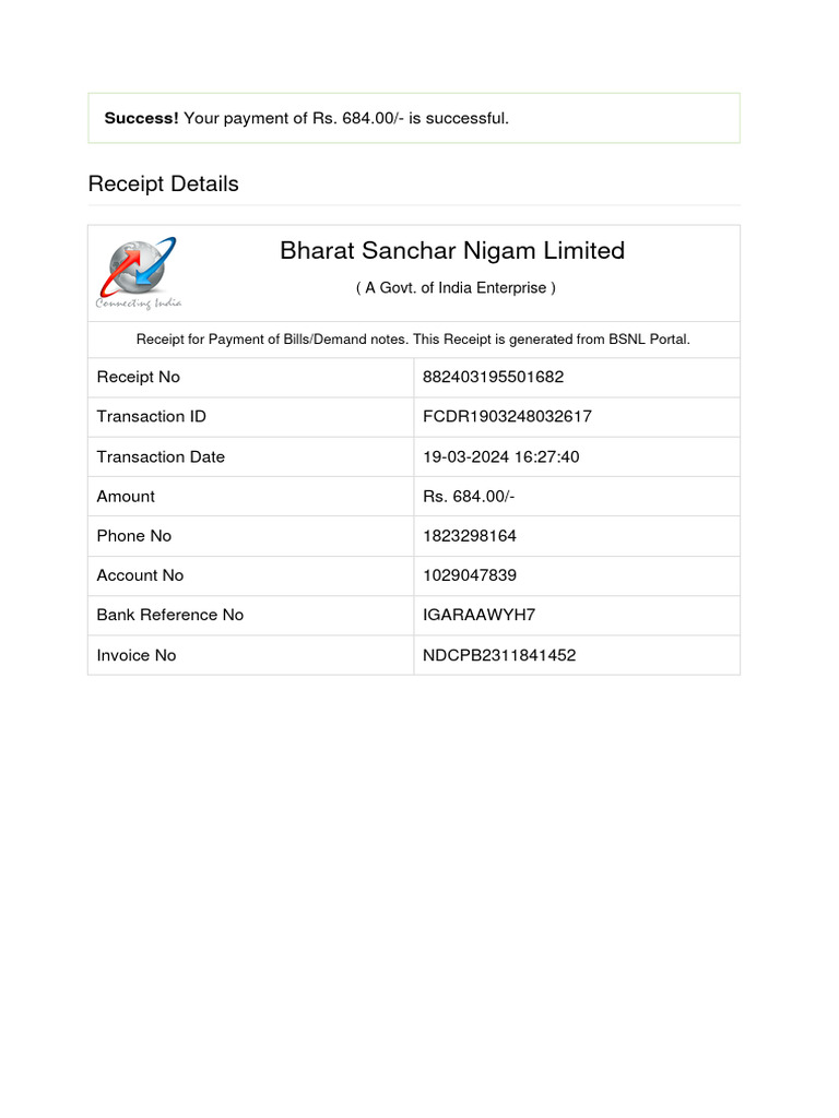 Receipt Details - BSNL Portal | PDF