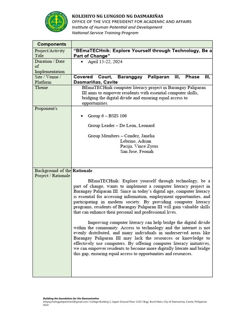 NSTP Project Proposal | PDF | Literacy | Internet