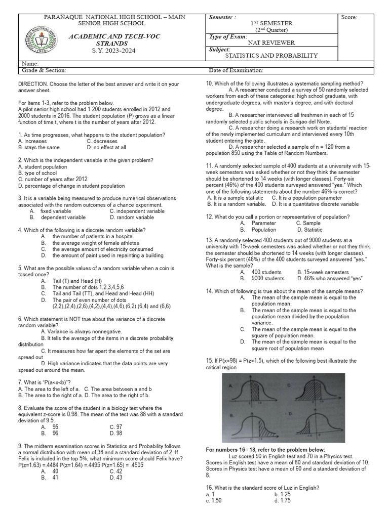 Statistics and Probability Reviewer Unanswered | PDF | Standard ...