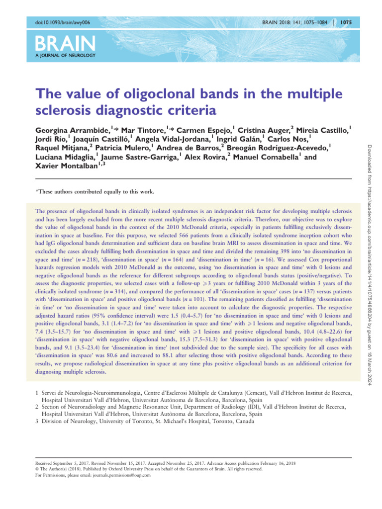 The Value of Oligoclonal Bands in The MS | Download Free PDF | Multiple Sclerosis | Magnetic ...
