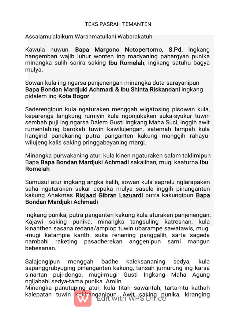 TEKS PASRAH TAMPI TEMANTEN DEWI GIBRAN | PDF