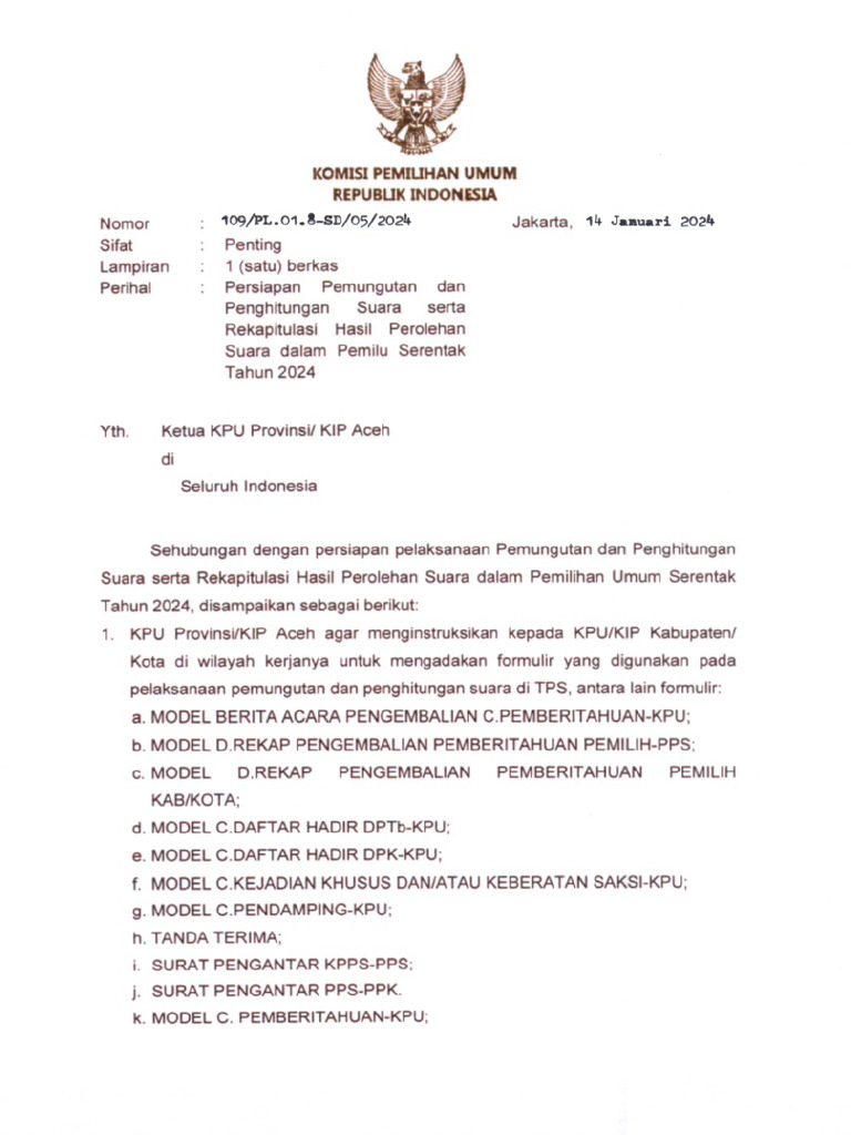 109 SD Ketua Ke Ketua KPU Provinsi KIP Aceh, Persiapan Pemungutan Dan Penghitungan Suara Serta ...