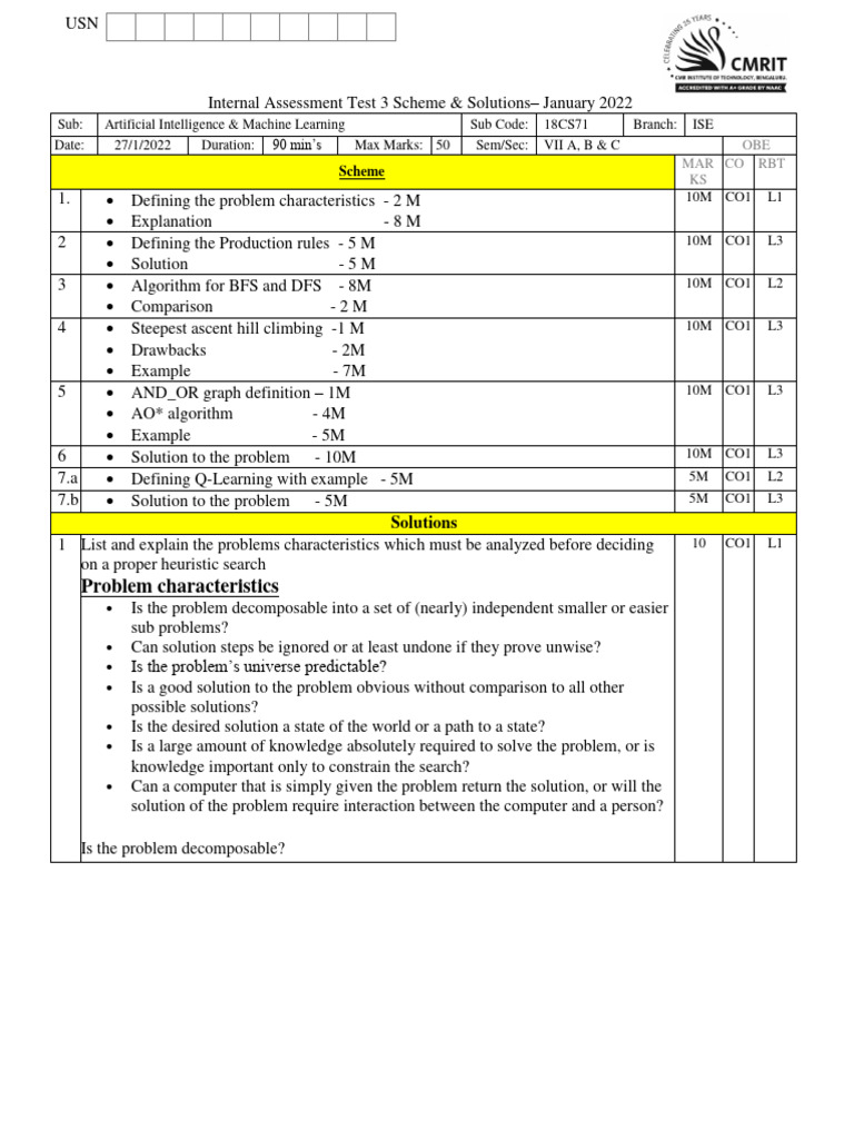 IAT-III Question Paper With Solution of 18CS71 Artificial Intelligence ...