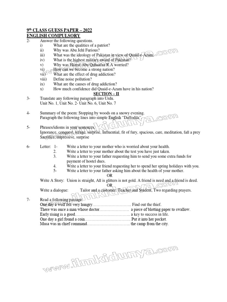 9th CLASS ENGLISH GUESS PAPER | PDF | Foreign Language Studies ...