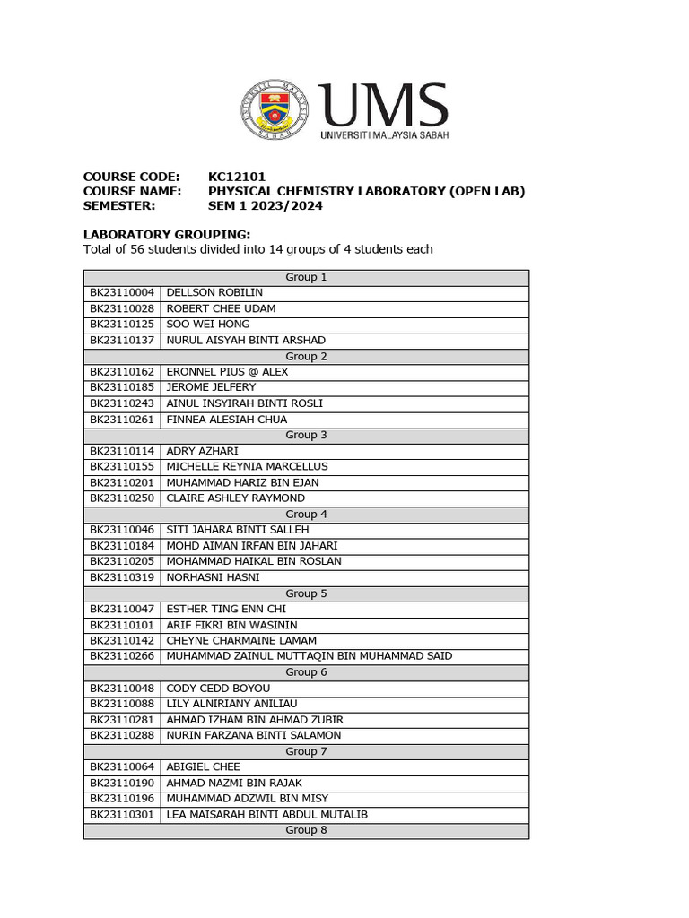 KC12101 Physical Chemistry lab schedule 2023 2024 (1) (1) | PDF
