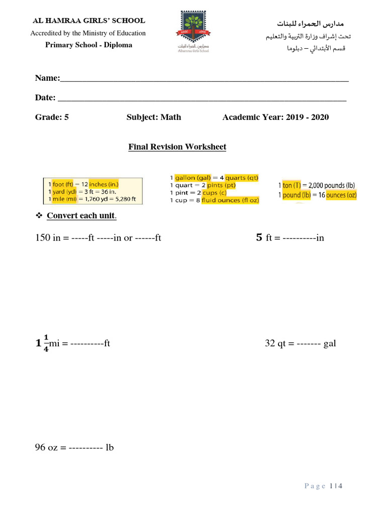 Final Math Revision Worksheet Grade 5 | PDF | Rectangle | Classical ...