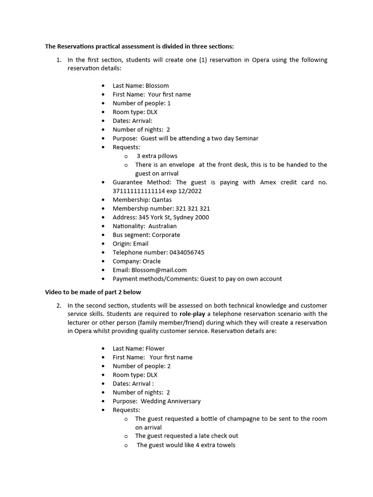 Assessment 1 Reservation Practical Scenario | PDF