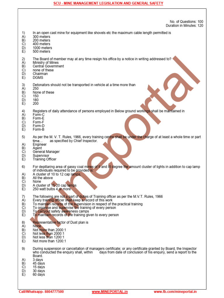 Mine Management Safety Regulations Quiz | PDF | Mining | Coal Mining