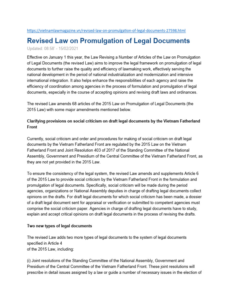 Revised Law On Promulgation of Legal Documents | PDF