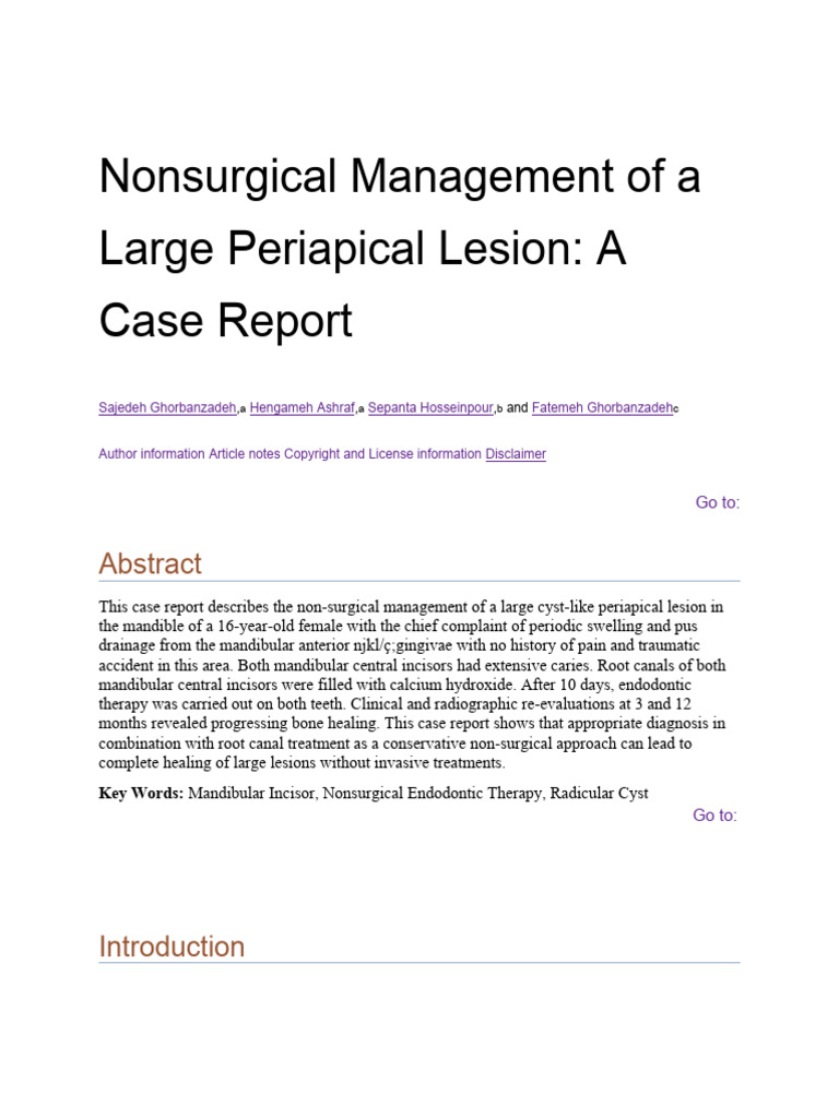 Nonsurgical Management of A Large Periapical Lesion A Case Report | PDF