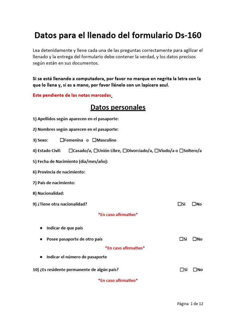 Cuestionario para El Formulario DS-160 | PDF