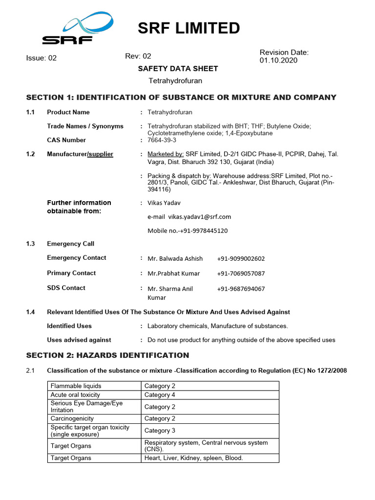 THF MSDS | PDF | Tetrahydrofuran | Toxicity