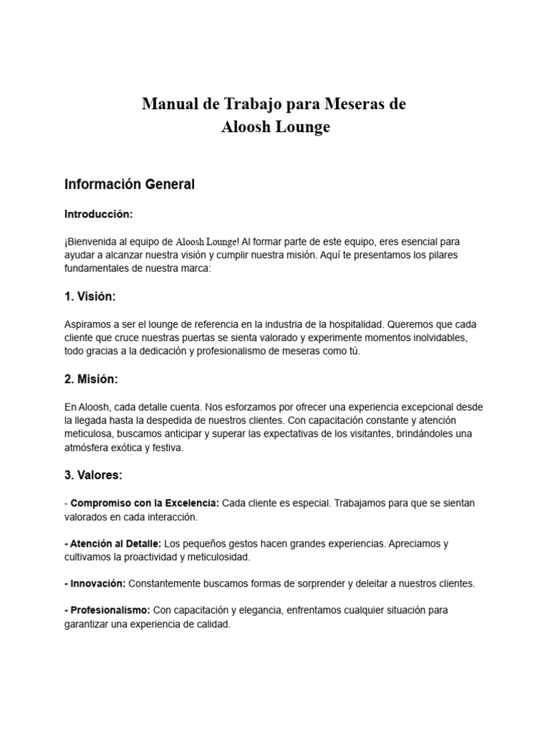 Manual para Meseras de Aloosh Lounge | PDF
