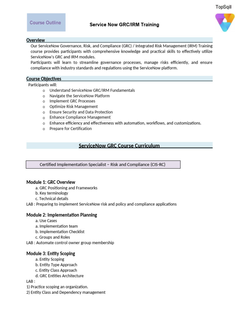 ServiceNow GRC Training Course | PDF | Audit | Regulatory Compliance