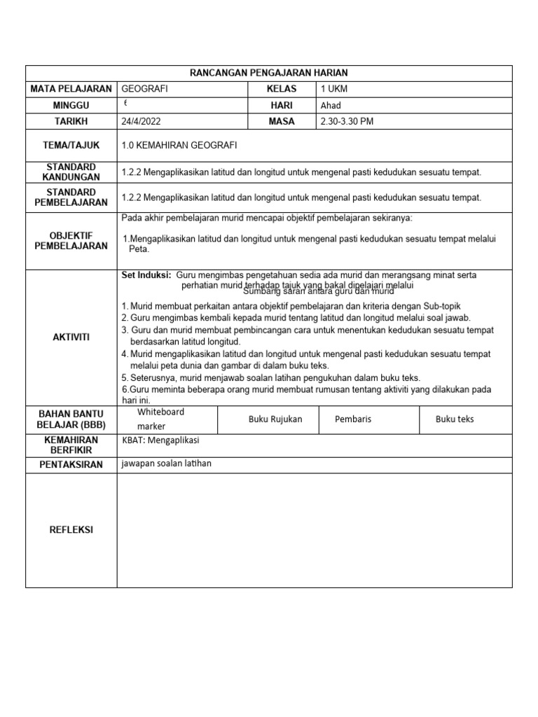 RPH Geo Minggu 6 Tingkatan 1 | PDF